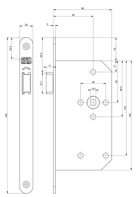 Nemef project insteek loopslot - doornmaat 60 mm - RVS voorplaat - 435/ ...